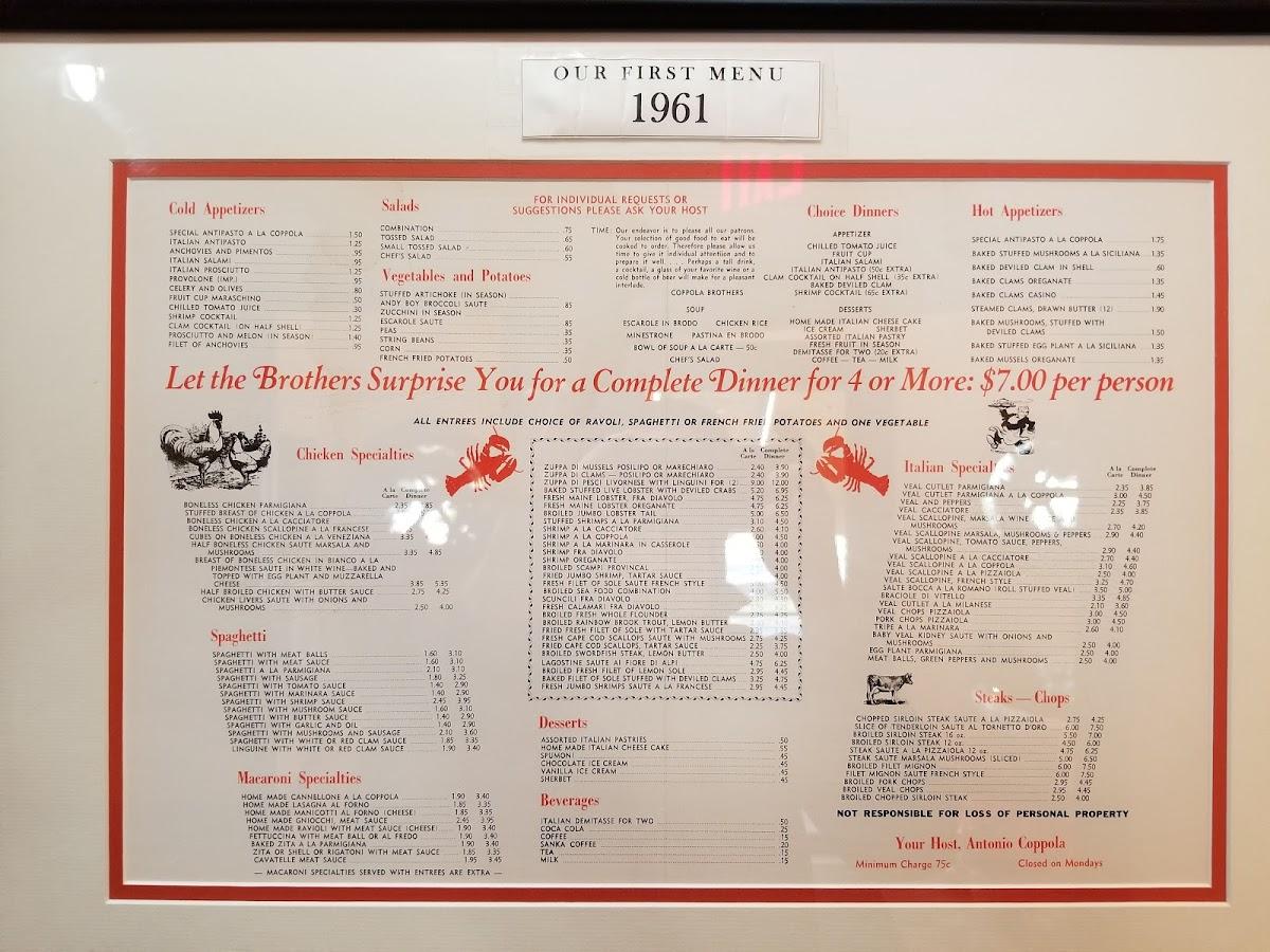 Carta del restaurante Coppola's, Hyde Park