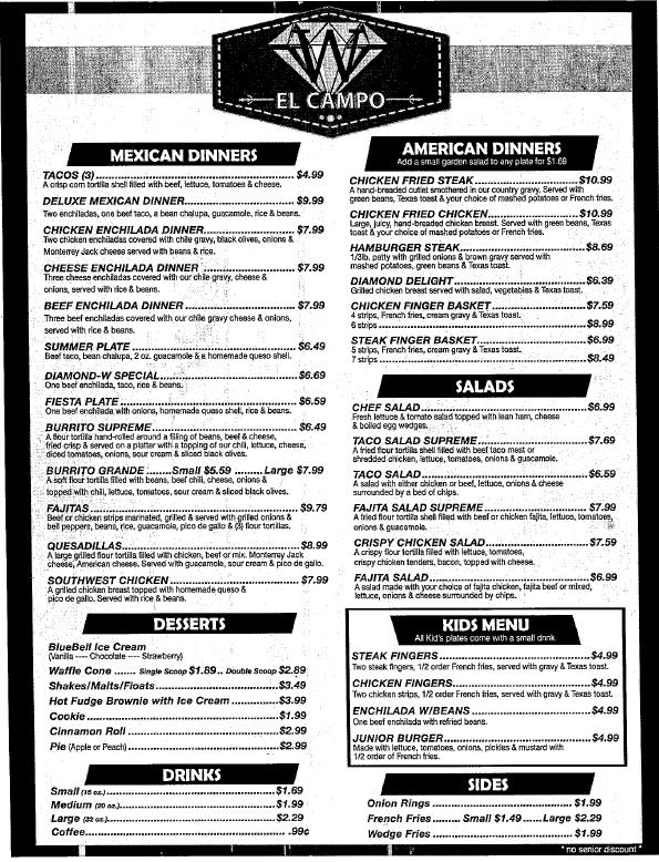 Menu at Diamond W restaurant, El Campo