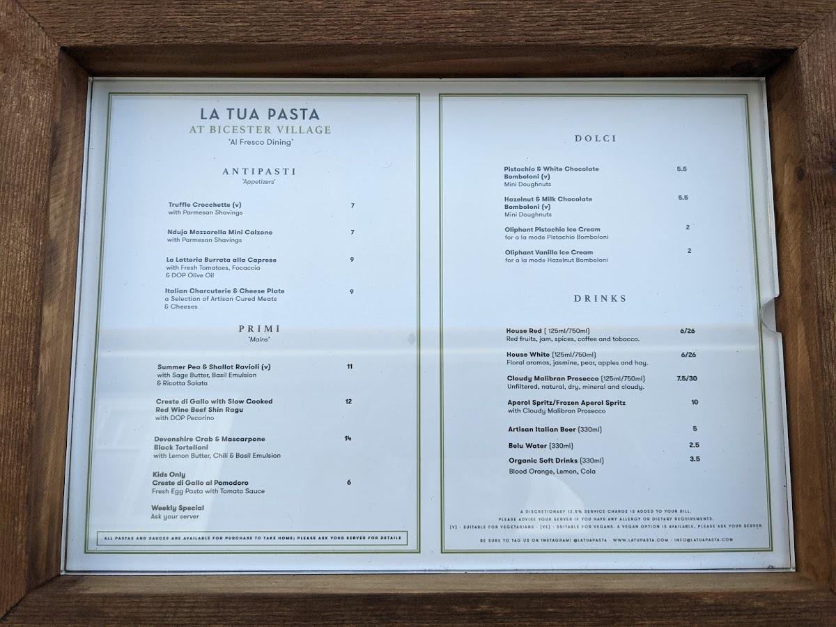 Menu at La Tua Pasta - Bicester Village restaurant, Bicester