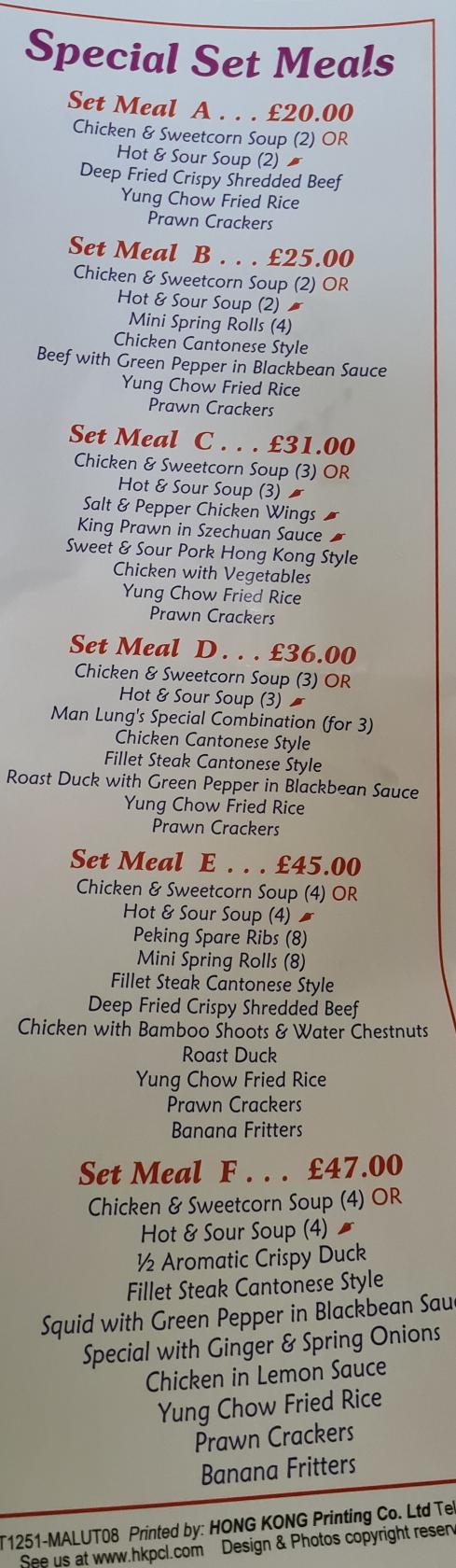 Menu at Man Lung restaurant, Bury