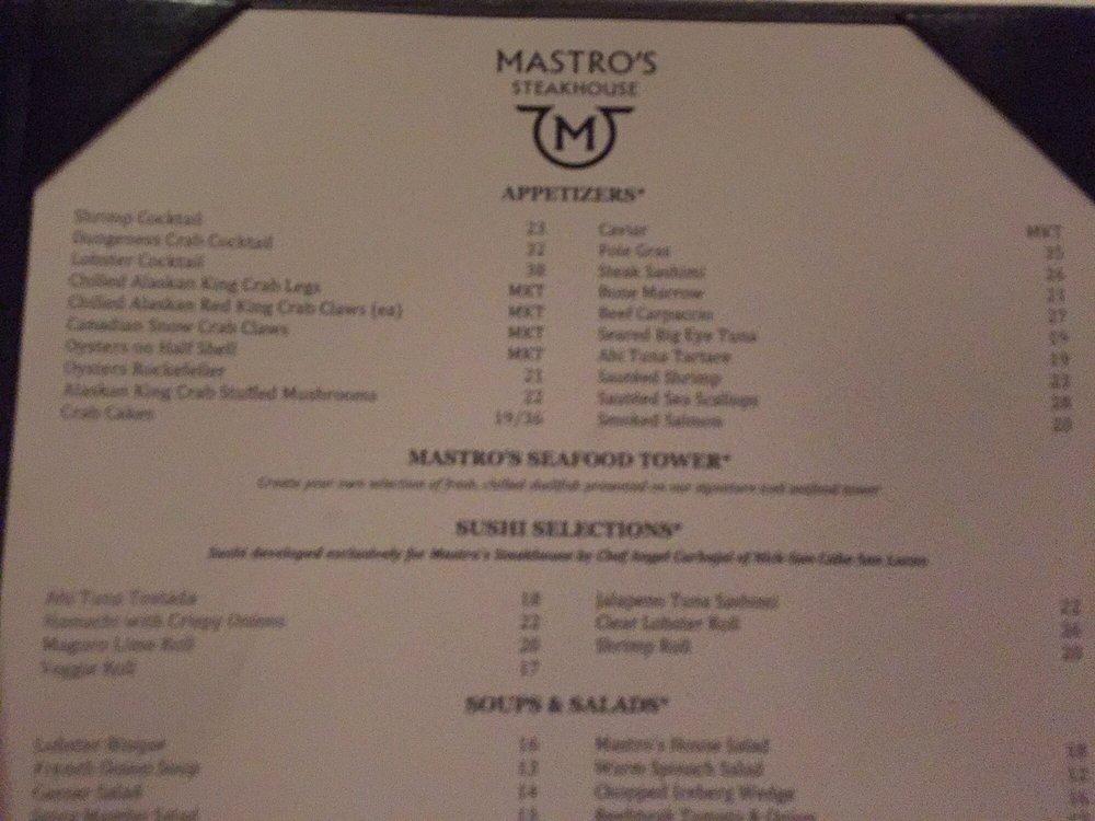 Menu at Mastro's Steakhouse, Palm Desert, El Paseo STE 120