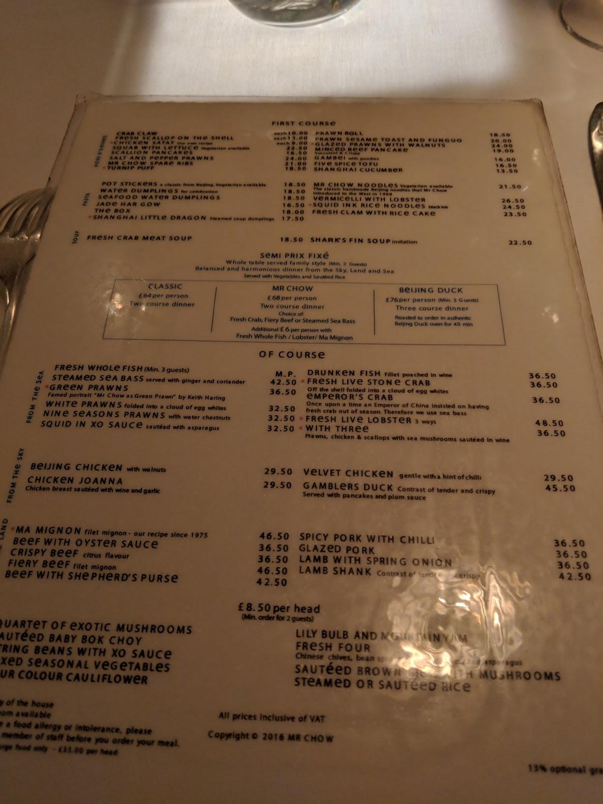 Menu at Mr Chow restaurant, London
