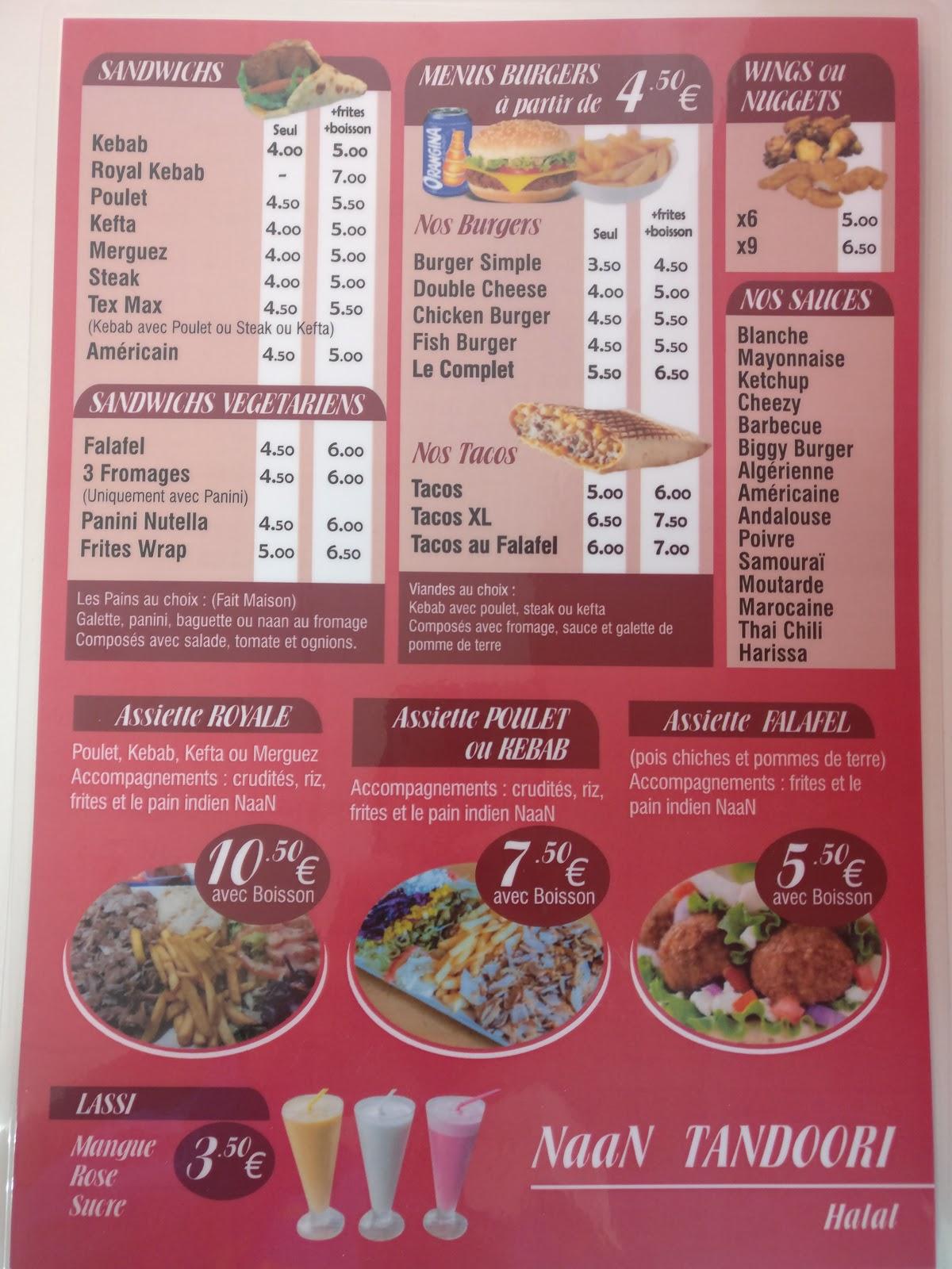 Menu at NaaN Tandoori kebab, Tarbes