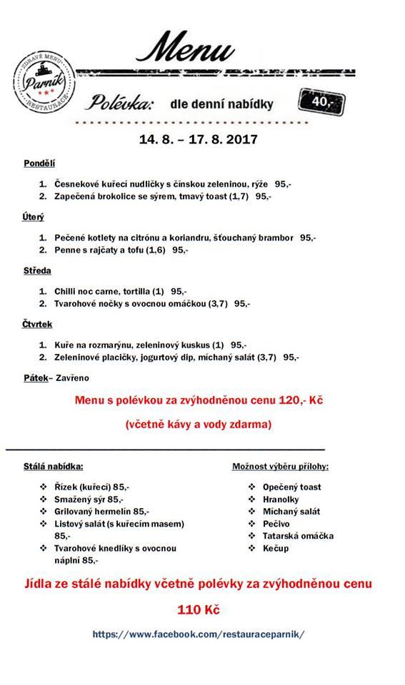 Menu at Restaurace Parník restaurant, Ostrava
