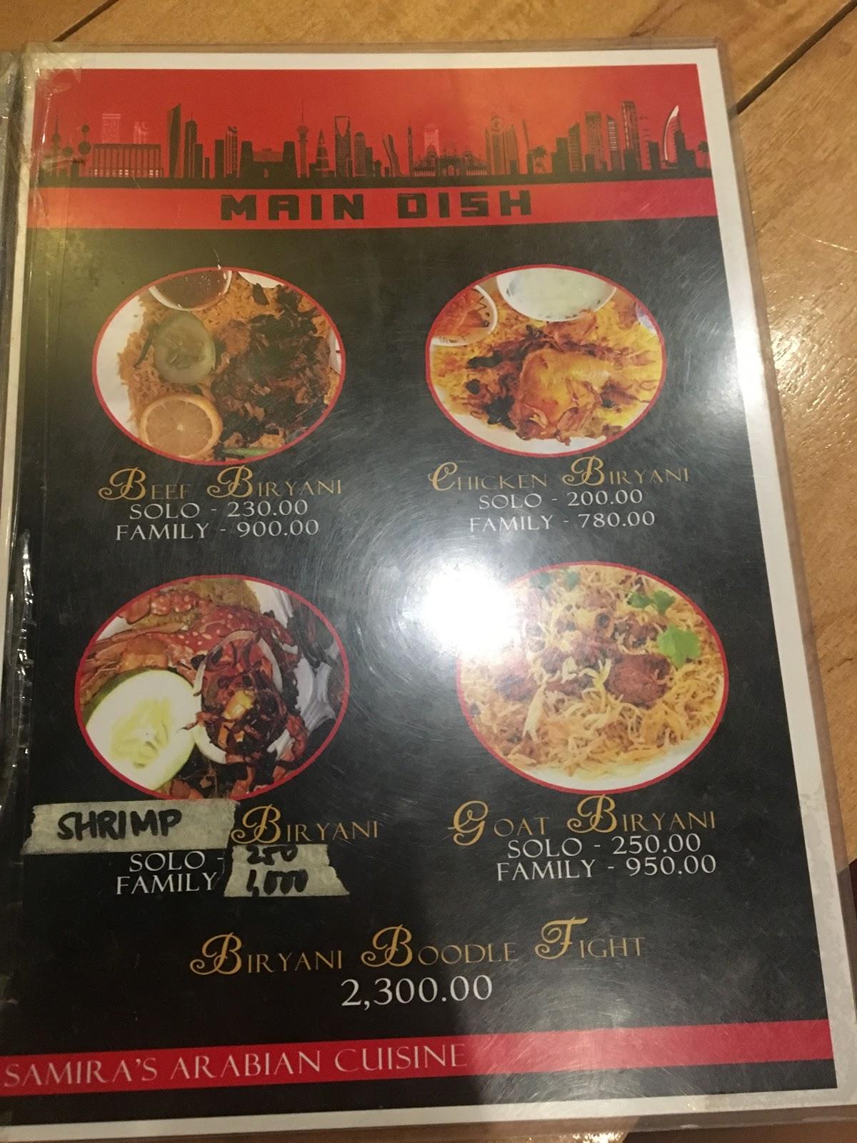 Menu at Samira’s Arabian Cuisine restaurant, Cotabato City