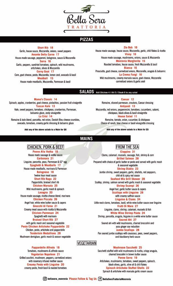 Menu at Bella Sera Trattoria pub & bar, Monrovia