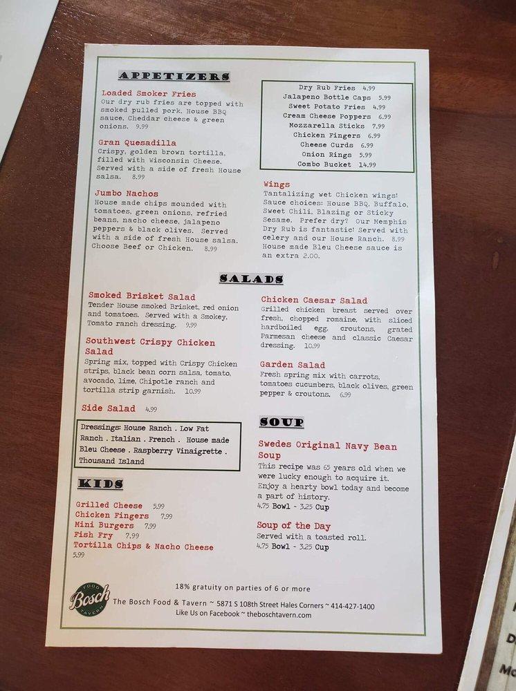 Menu at Bosch Food Tavern pub & bar, Hales Corners
