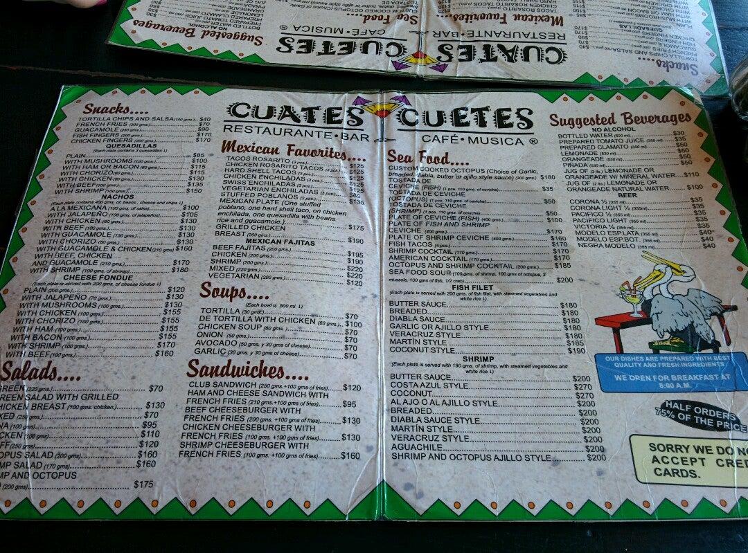 Menu at Cuates y Cuetes restaurant, Puerto Vallarta