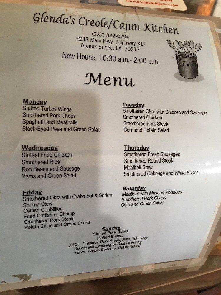 Menu at Glenda's Creole Kitchen Restaurant, Breaux Bridge, Main Hwy #31