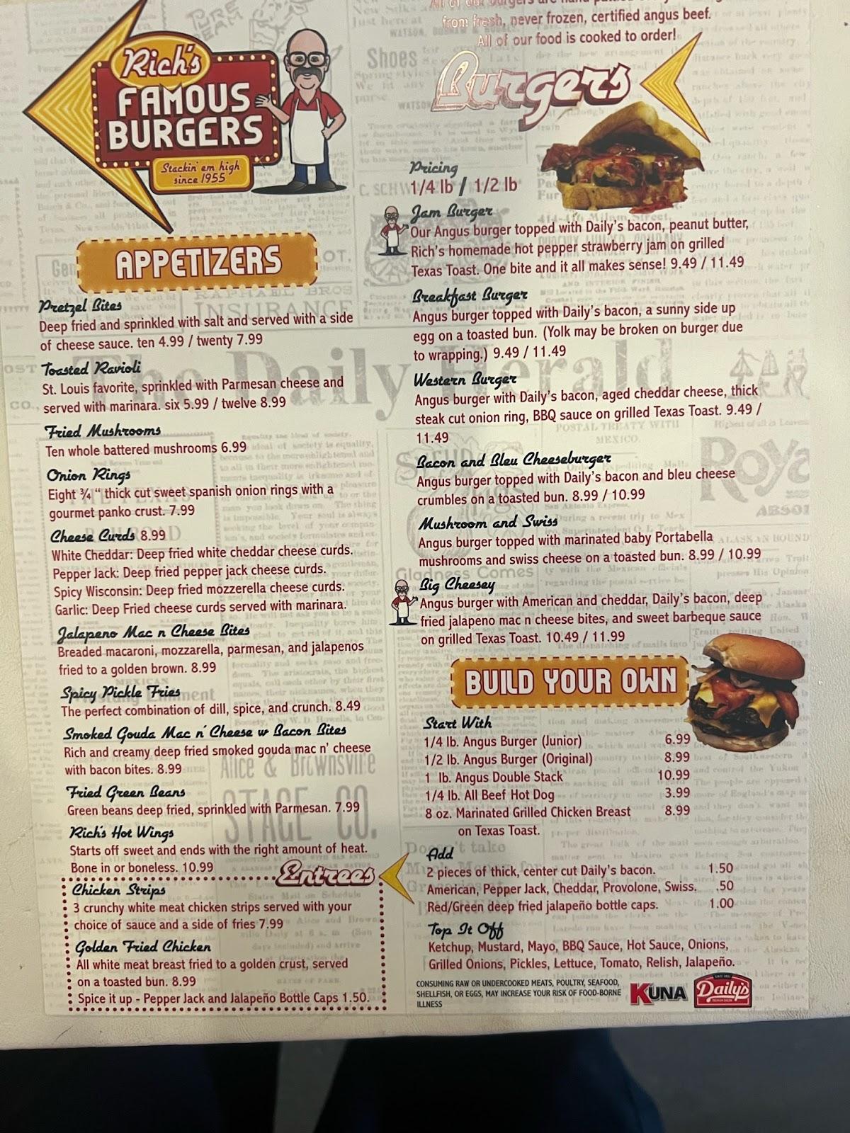 Menu at Rich's Famous Burgers restaurant, Steelville