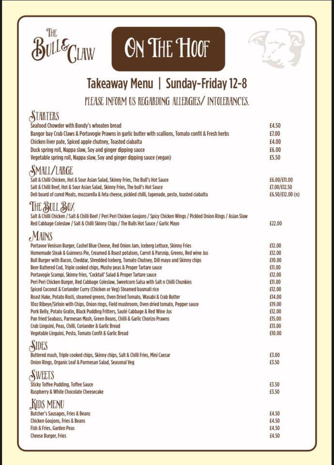 Menu at The Bull & Claw Donaghadee restaurant, Donaghadee
