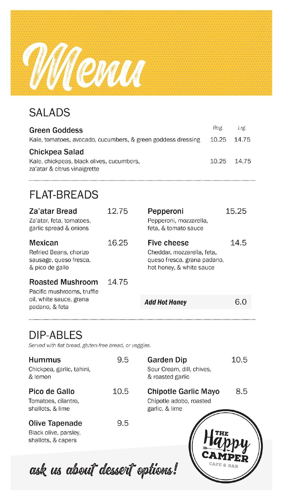 Menu at The Happy Camper Café & Bar, Banff