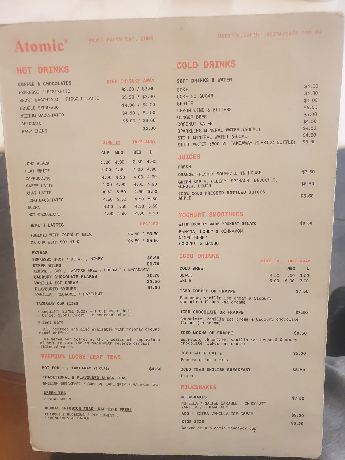 Menu at Atomic cafe, South Perth