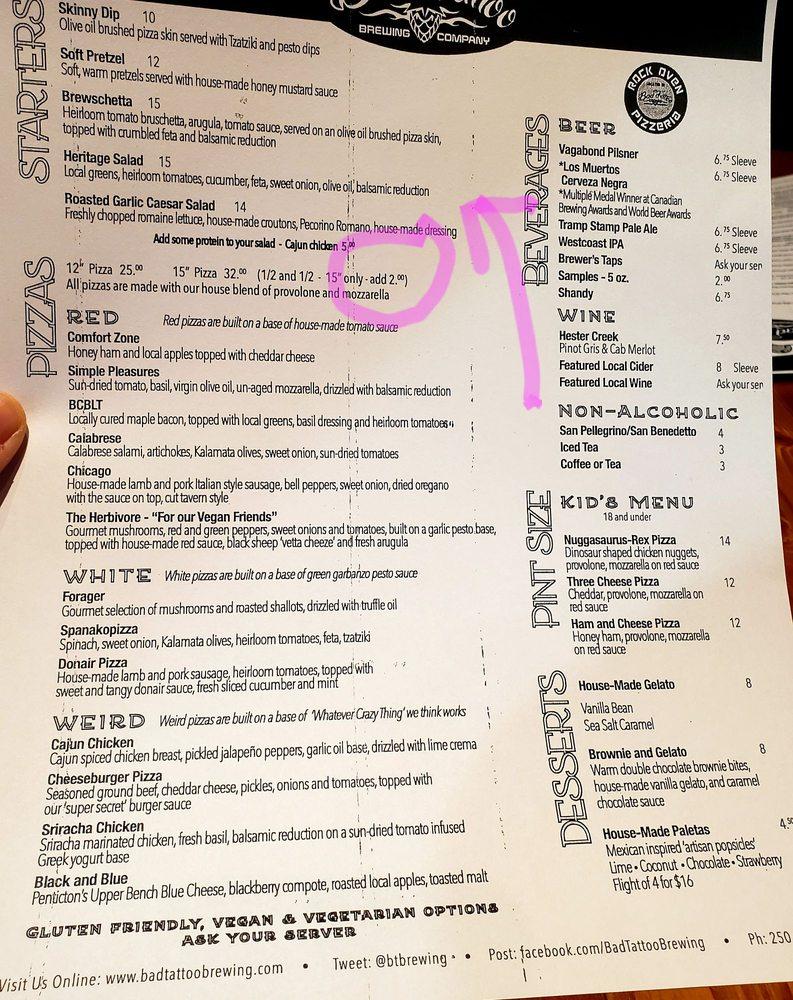 Menu at Bad Tattoo Brewing pizzeria, Penticton