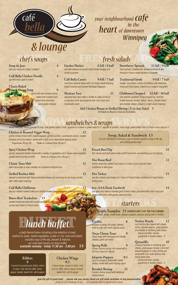 Menu at Café Bella & Lounge, Winnipeg