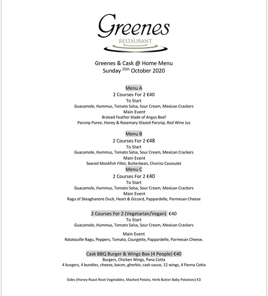 Menu at Greenes Restaurant, Cork