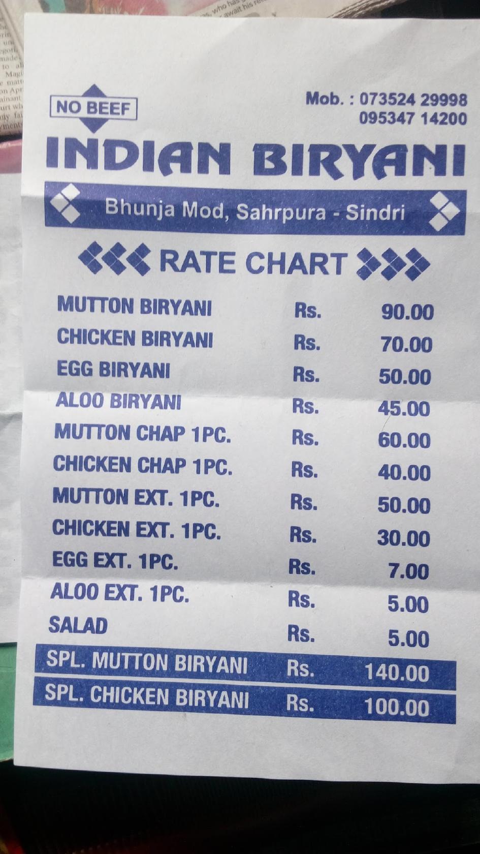 Menu at Indian biryani house, Sindri