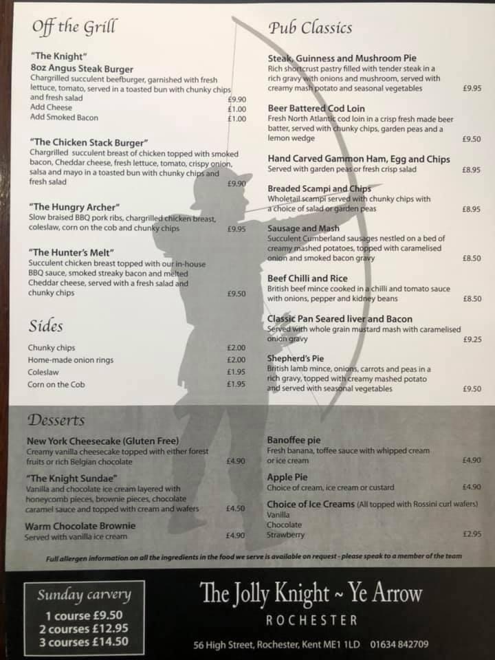 Menu at Jolly Knight pub & bar, Rochester