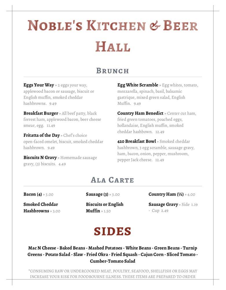 Menu at Noble's East Nashville pub & bar, Nashville