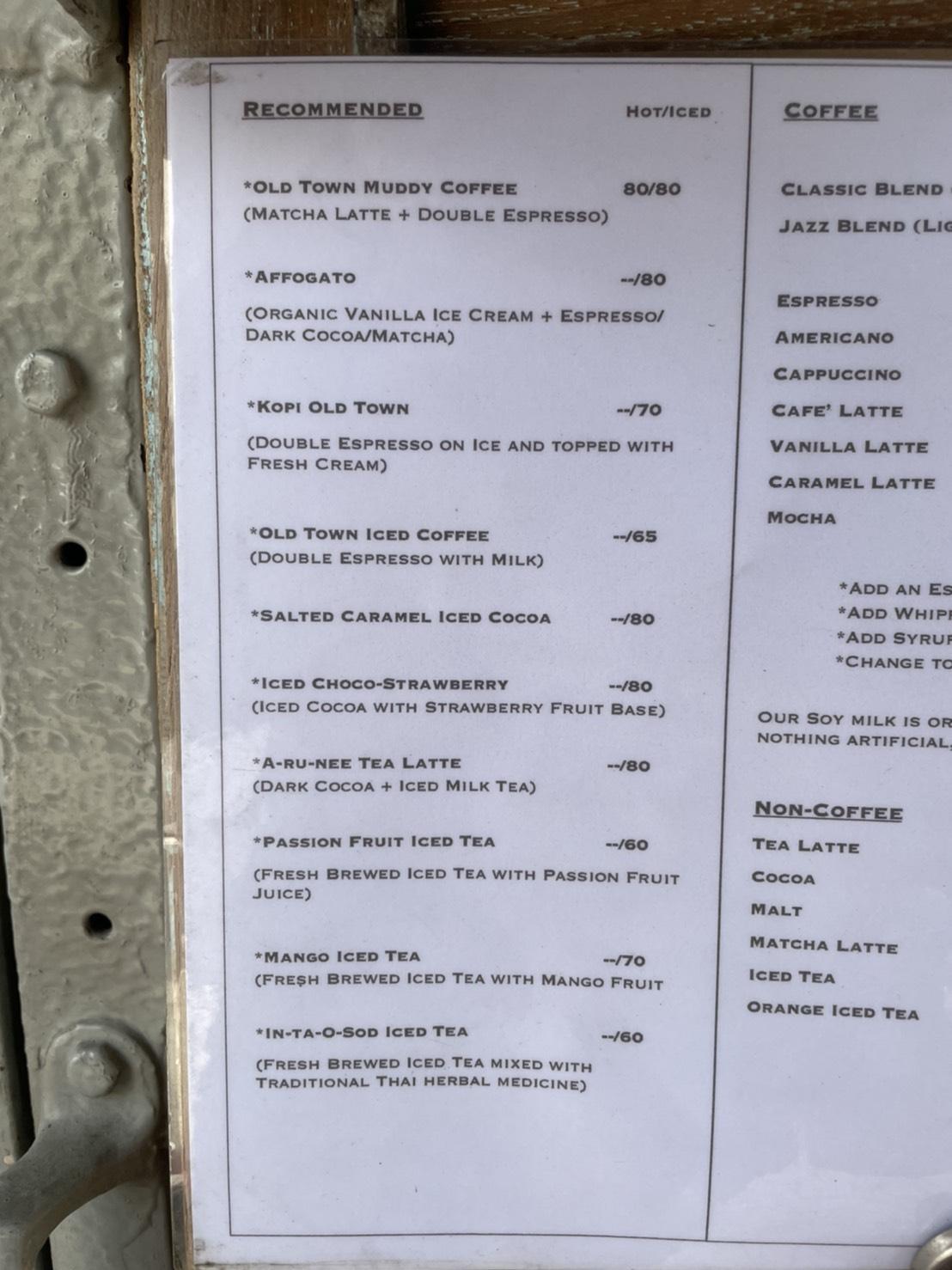 Menu at Old Town Cafe' Bangkok, Bangkok