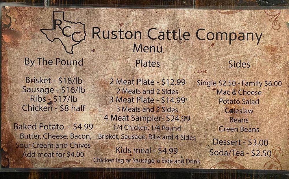 Menu at Ruston Cattle Company steakhouse, Ennis