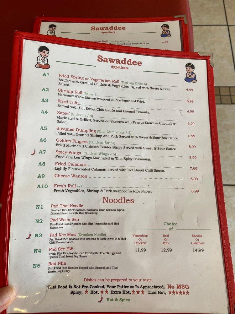 Menu at Sawaddee restaurant, Spring Lake