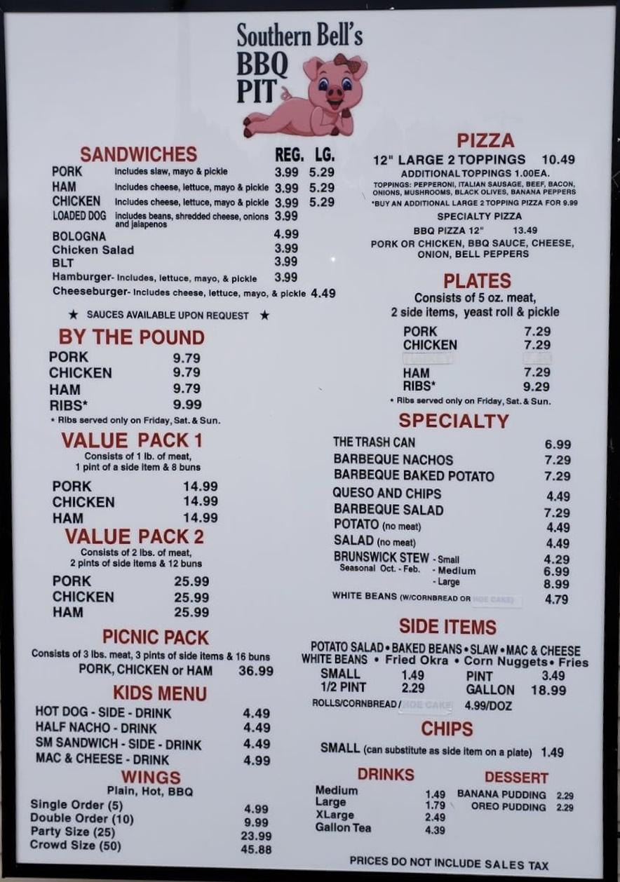 Menu at Southern Bell's BBQ, Cross Plains
