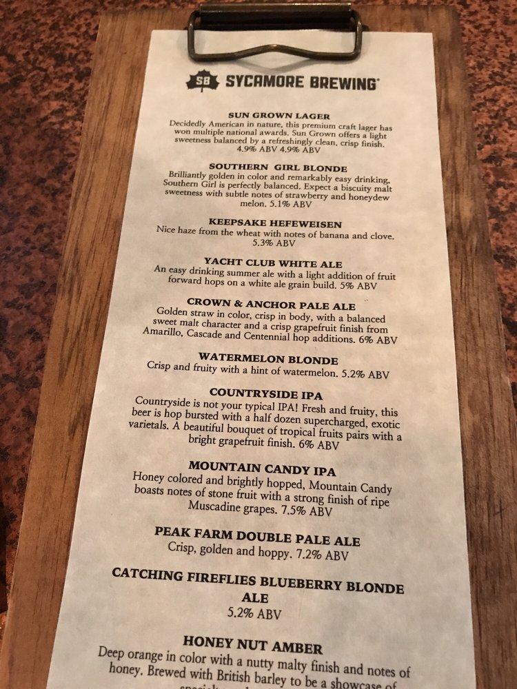 Menu at Sycamore Brewing restaurant, Charlotte, Hawkins St
