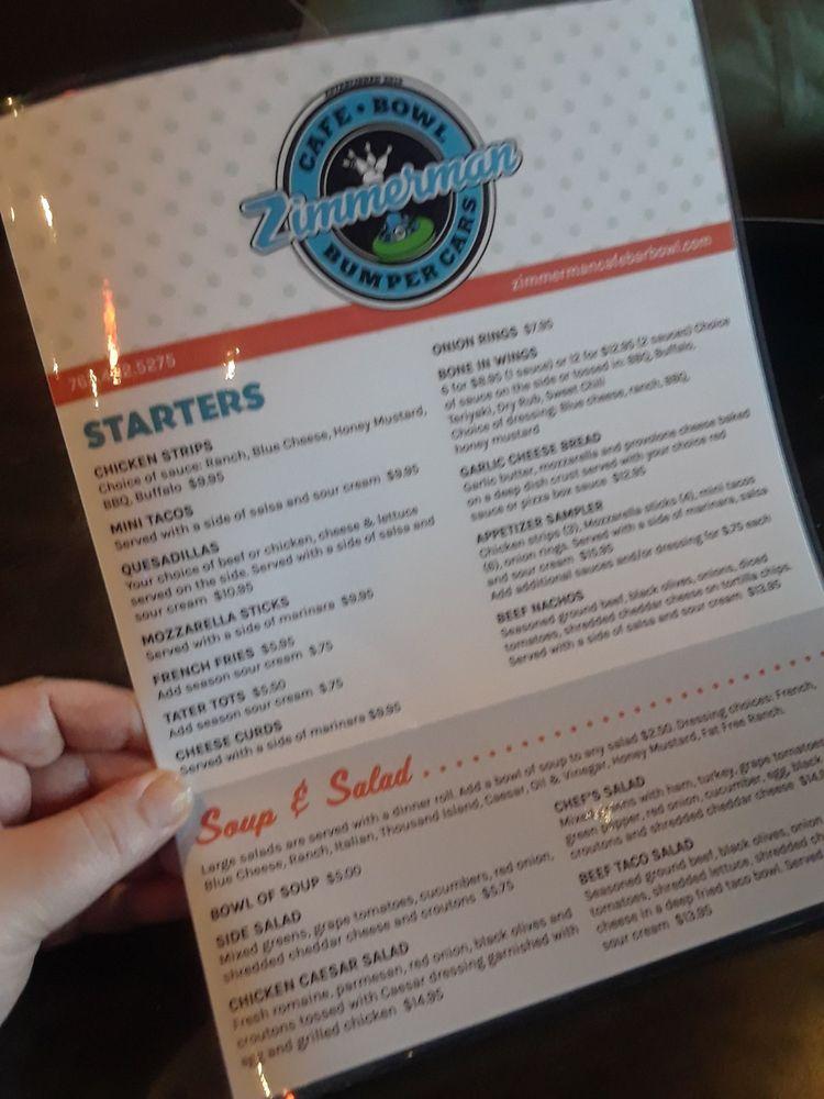 Menu at Zimmerman Cafe Bar Bowl, Zimmerman