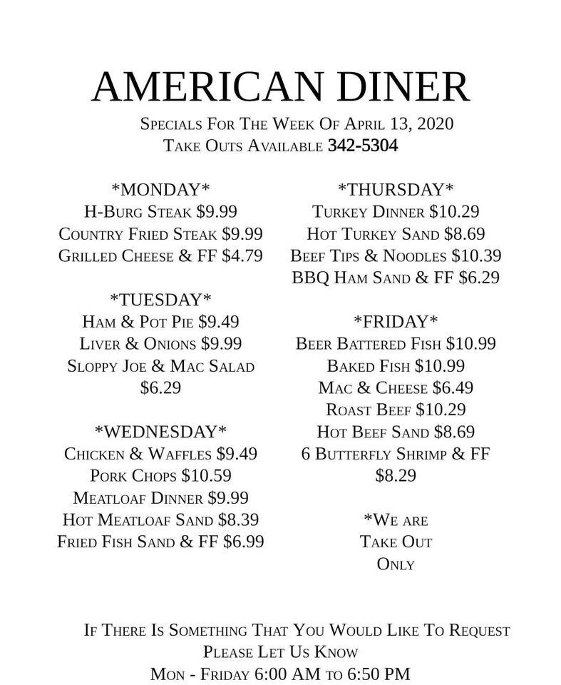 Menu at American Diner restaurant, Philipsburg, 1841 Philipsburg Bigler Hwy