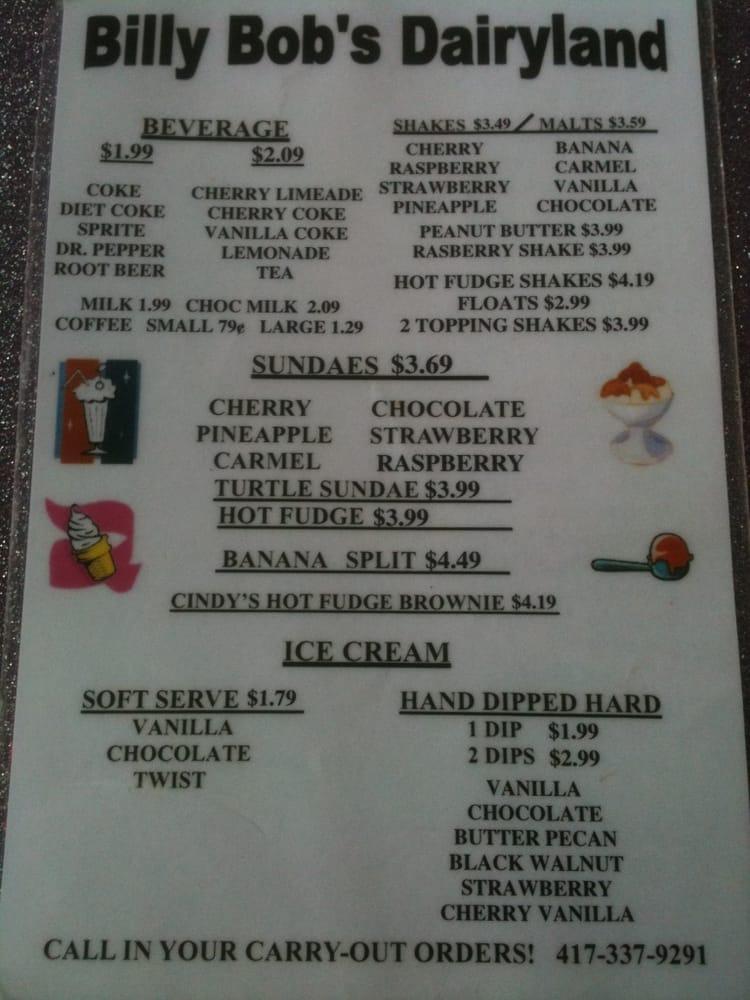 Menu at Billy Bob's Dairy Land restaurant, Branson, W 76 Country Blvd