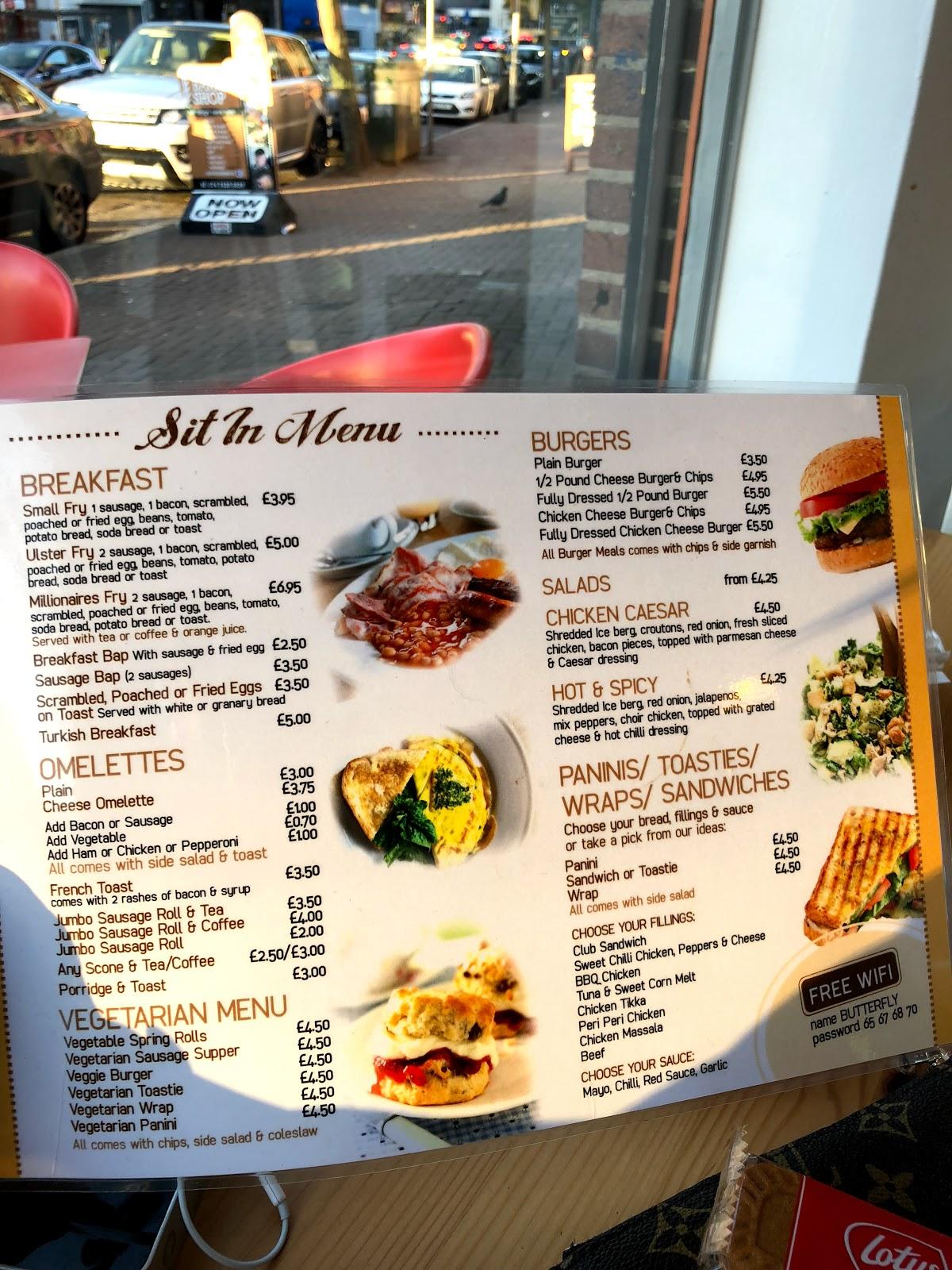 Menu at Butterfly Cafe, Belfast