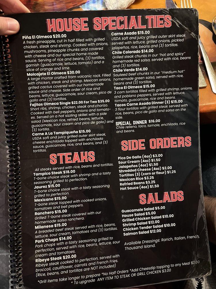 Menu at El Olmeca restaurant, Owens Cross Roads, US-431 S