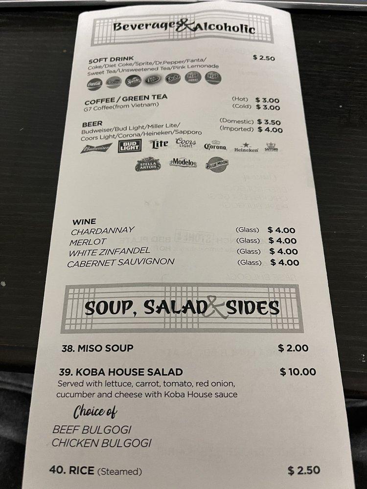 Menu at KOBA Korean Stone BBQ, Saint Robert