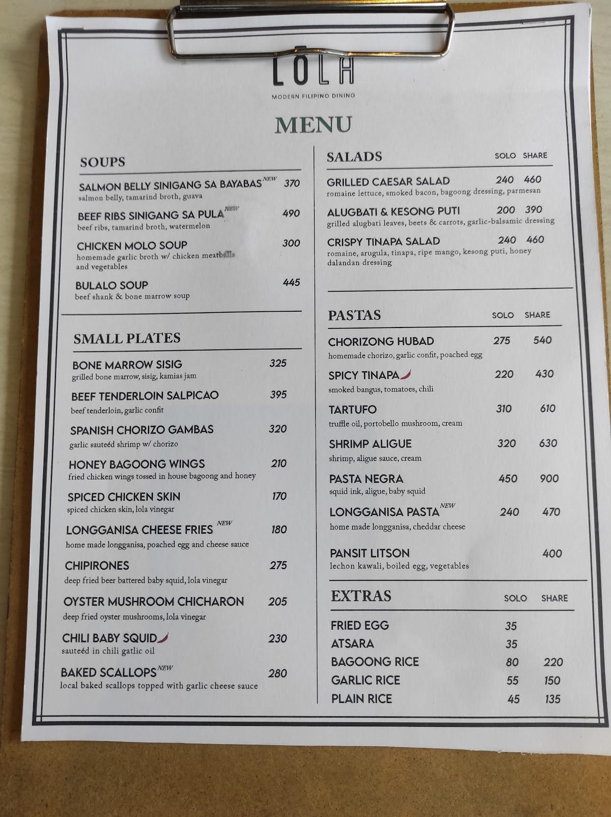Menu at LOLA Cafe - Broadway (New Manila), Quezon City