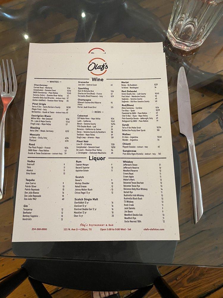 Menu at Olaf's Restaurant and Bar, Clifton