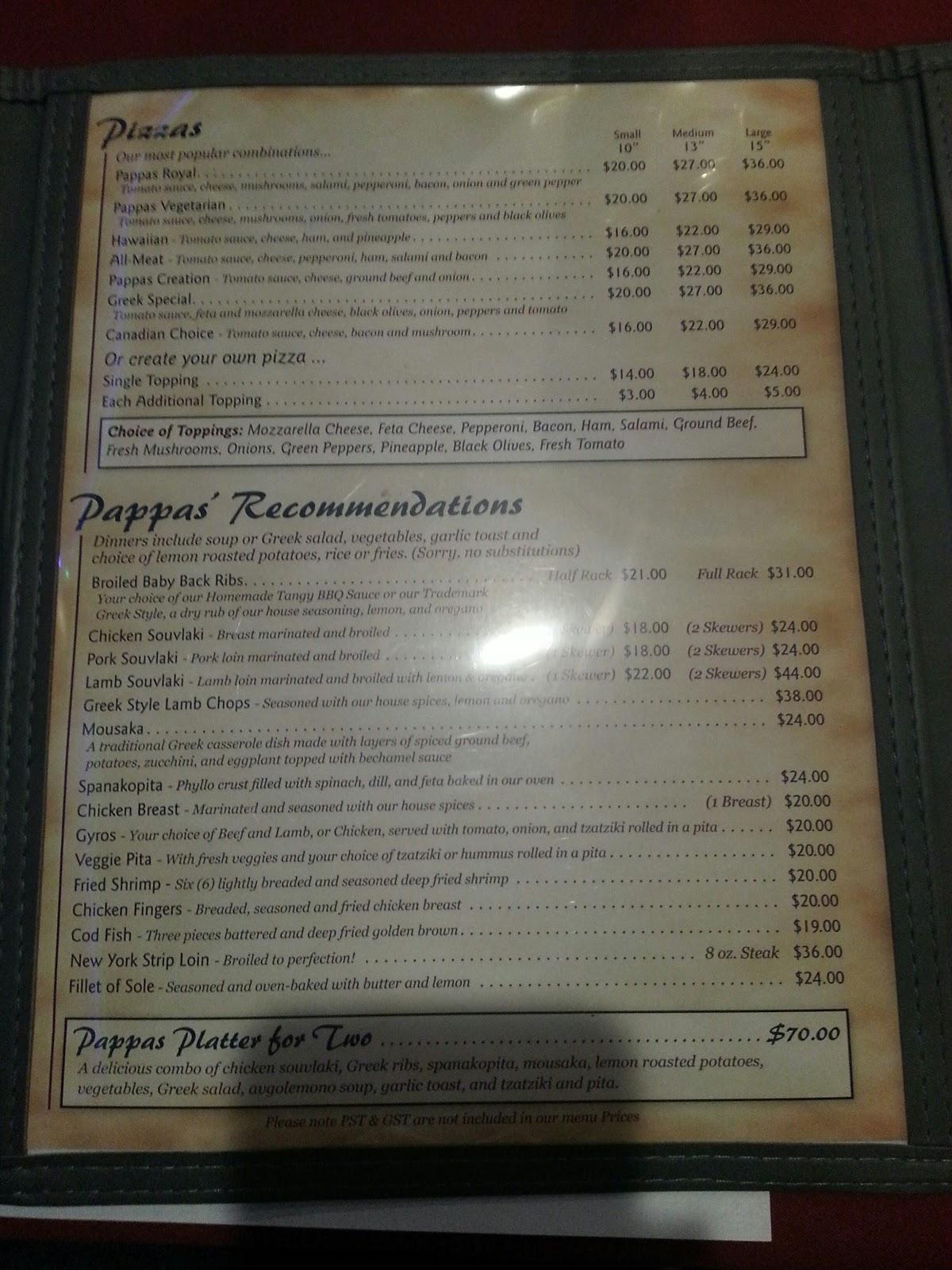 Menu at Pappas Greek Food & Steak restaurant, Winnipeg
