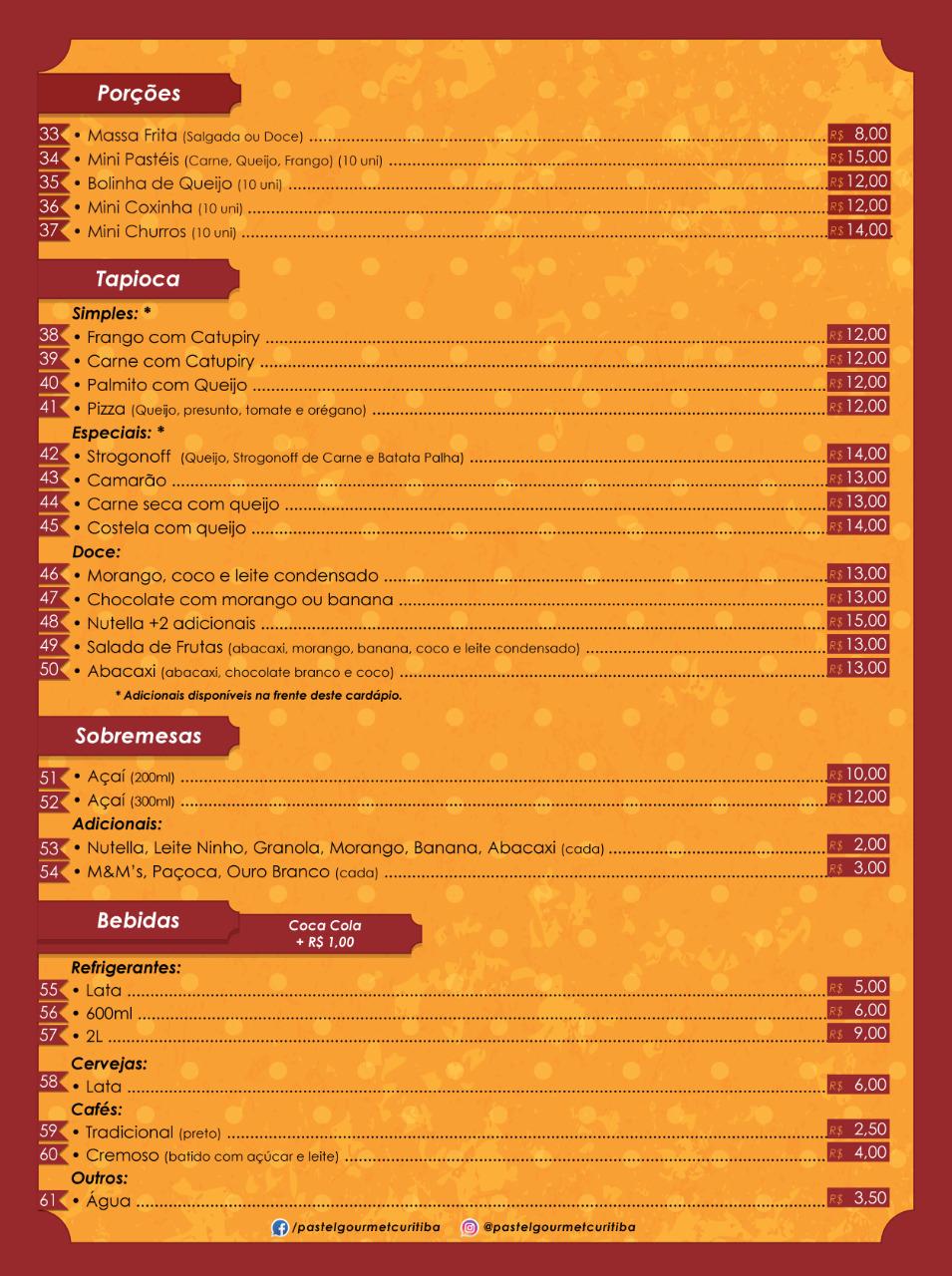 Menu at Pastel Gourmet Curitiba restaurant, Curitiba