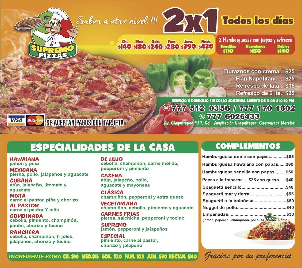 Menu at Supremo Pizza restaurant, Cuernavaca