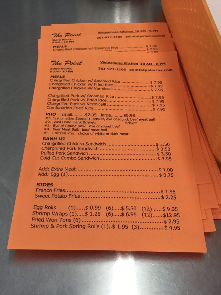 Menu at The Point restaurant, Palacios