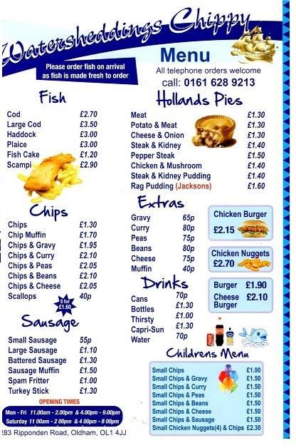 Menu at Watersheddings Chippy 1 (oldham branch) restaurant, Oldham