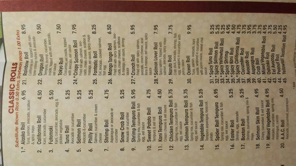 Menu at Yamazaki Sushi and Hibachi restaurant, Columbus