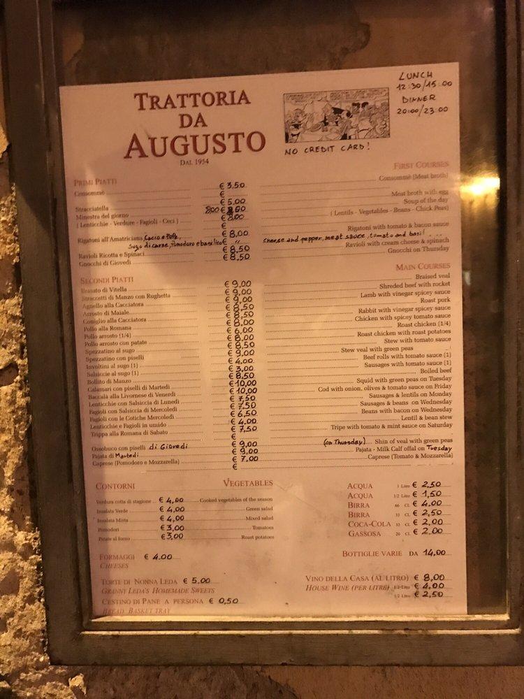 Carta del restaurante Trattoria da Augusto, Roma