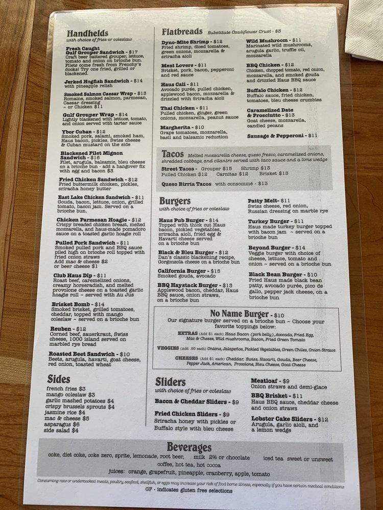 Menu at Clear Sky Club Haus, Palm Harbor