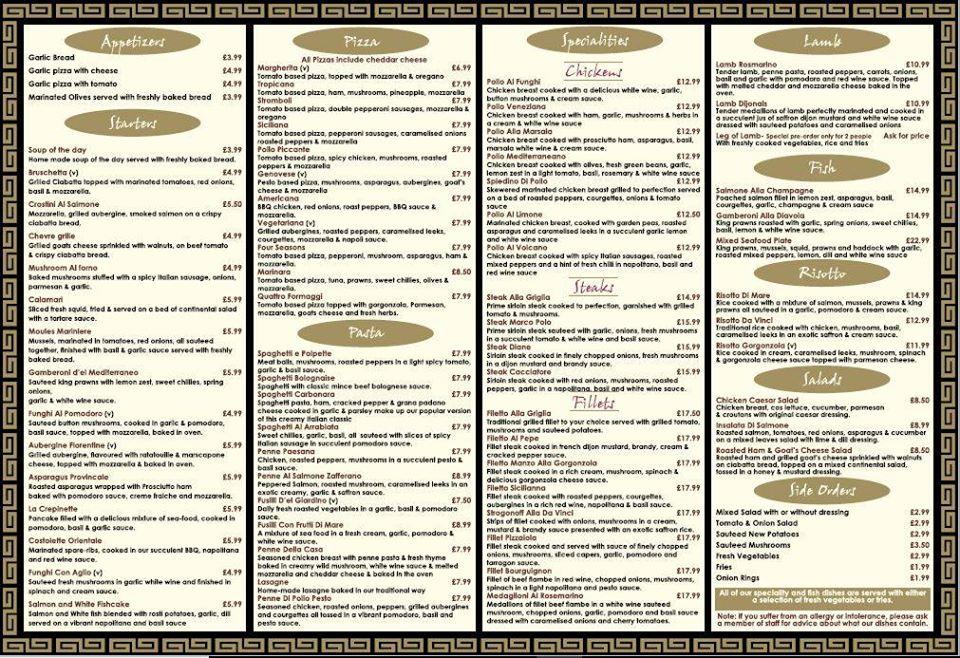 Menu at Da Vinci restaurant, Grimsby