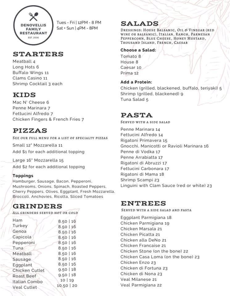 Menu at Denovellis pizzeria, Rocky Hill, 944 Cromwell Ave