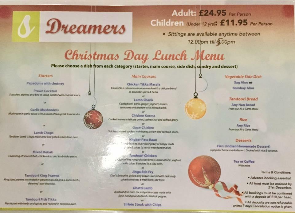 Menu at RHK Dreamers Indian Cuisine restaurant, Birmingham