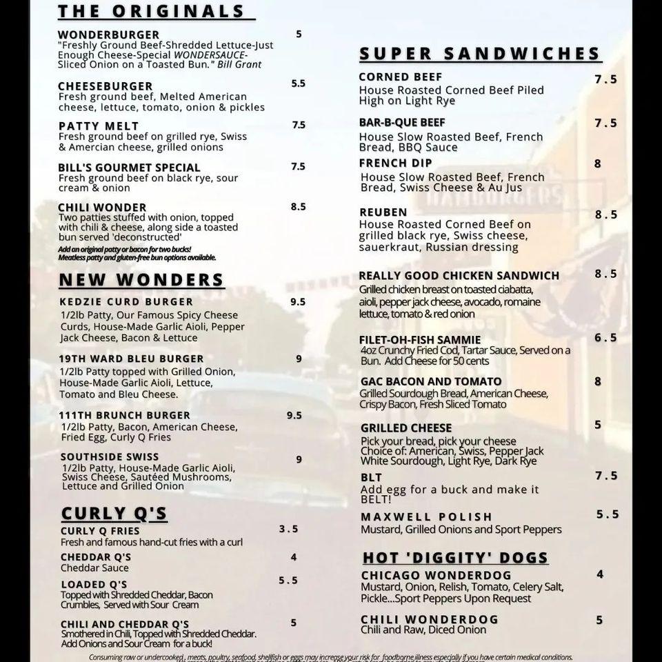 Menu at Grant's Wonderburger Grill & Gallery pub & bar, Chicago, W ...