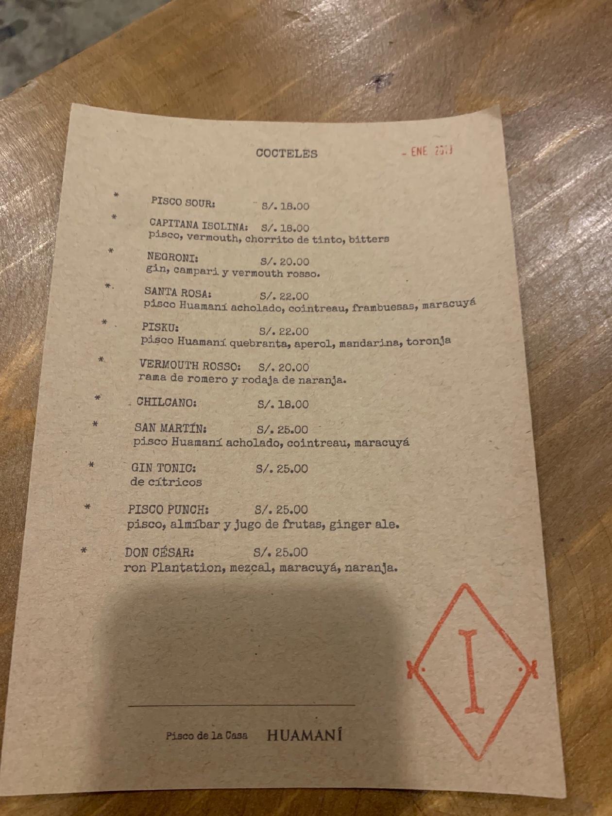 Carta del restaurante Isolina Taberna Peruana, Barranco