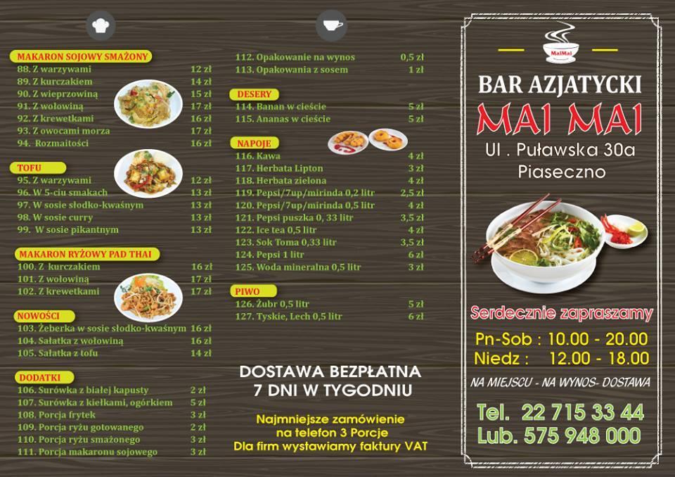 Menu at Bar MAI-MAI, Piaseczno, Puławska 30A